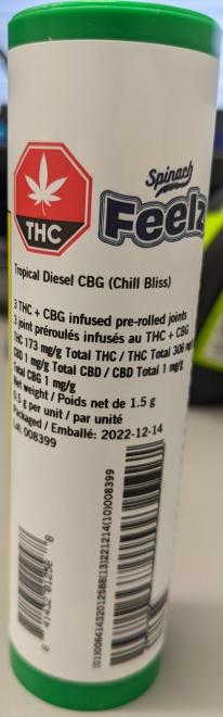 Peace Naturals Project Inc. recalls one lot of Spinach Feelz Tropical Diesel CBG (Chill Bliss ...